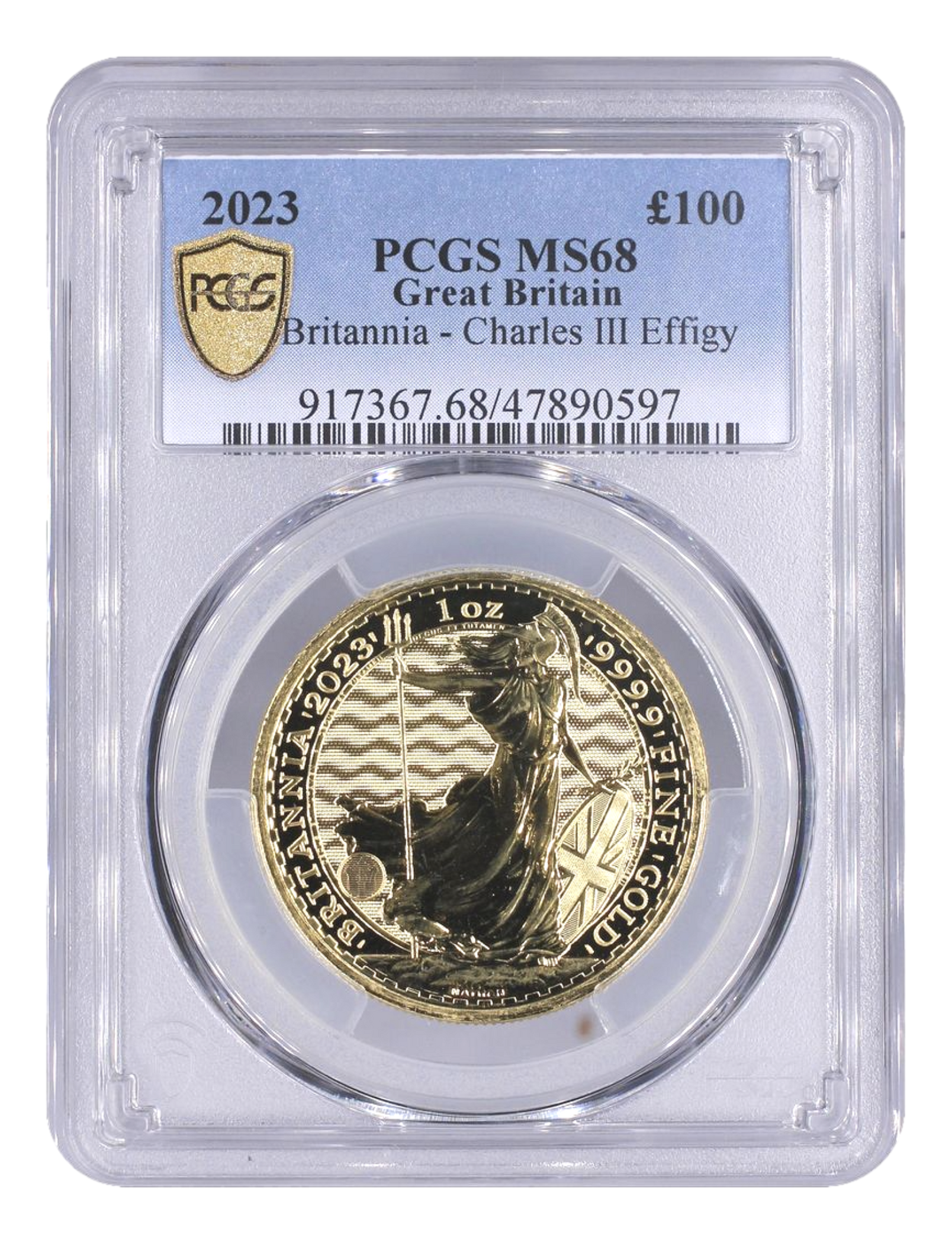 Charles III Effigy, 2023 1oz Gold Britannia One Hundred Pounds PCGS MS ...